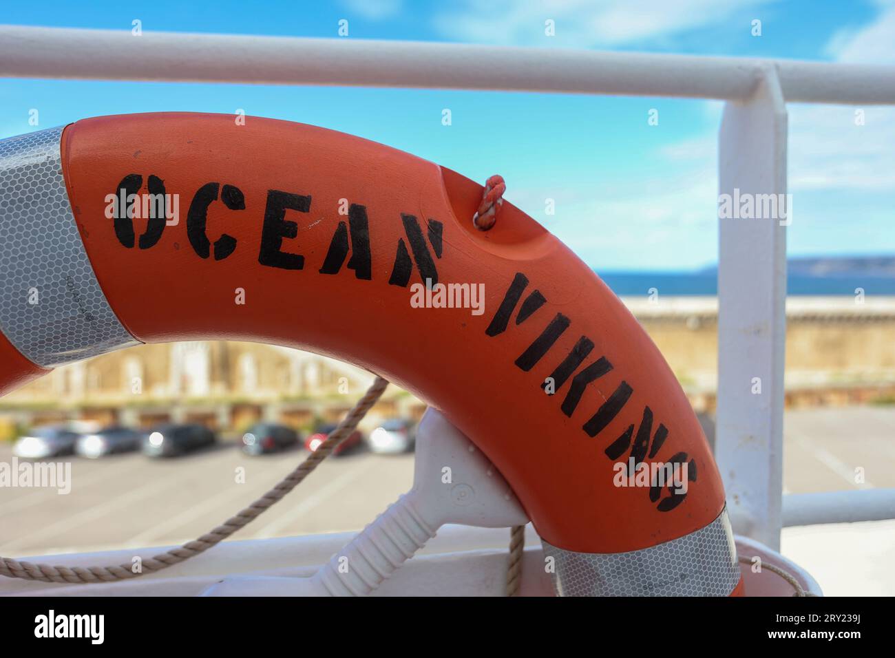 A view of lifebuoys on the humanitarian and rescue ship Ocean Viking ...
