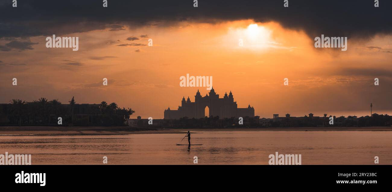 water boarding during sunset with Atlantis the Palm view Stock Photo ...