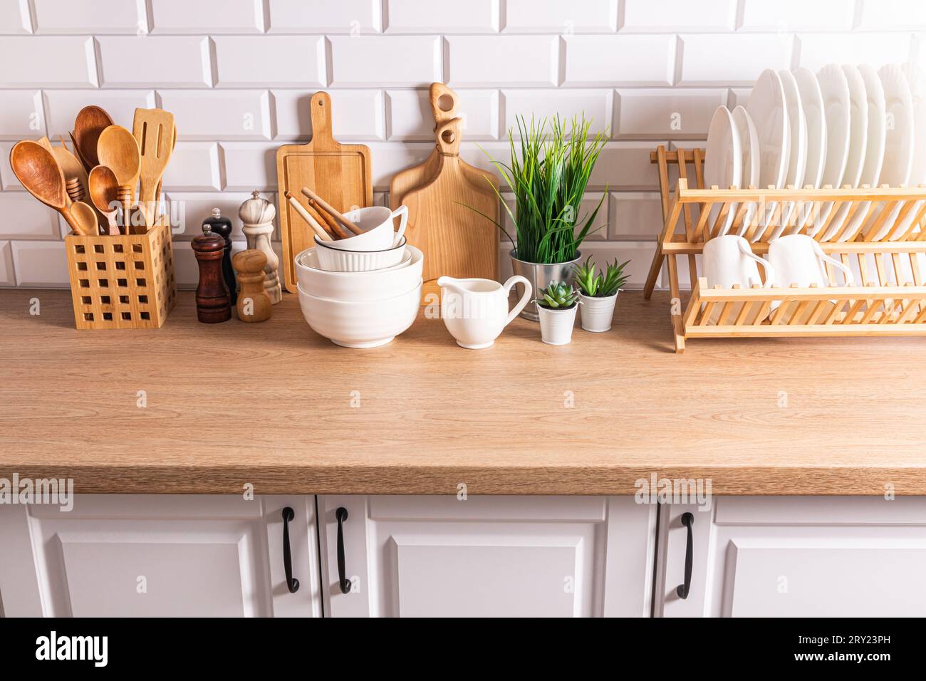 Beautiful kitchen background with different items and kitchen utensils ...