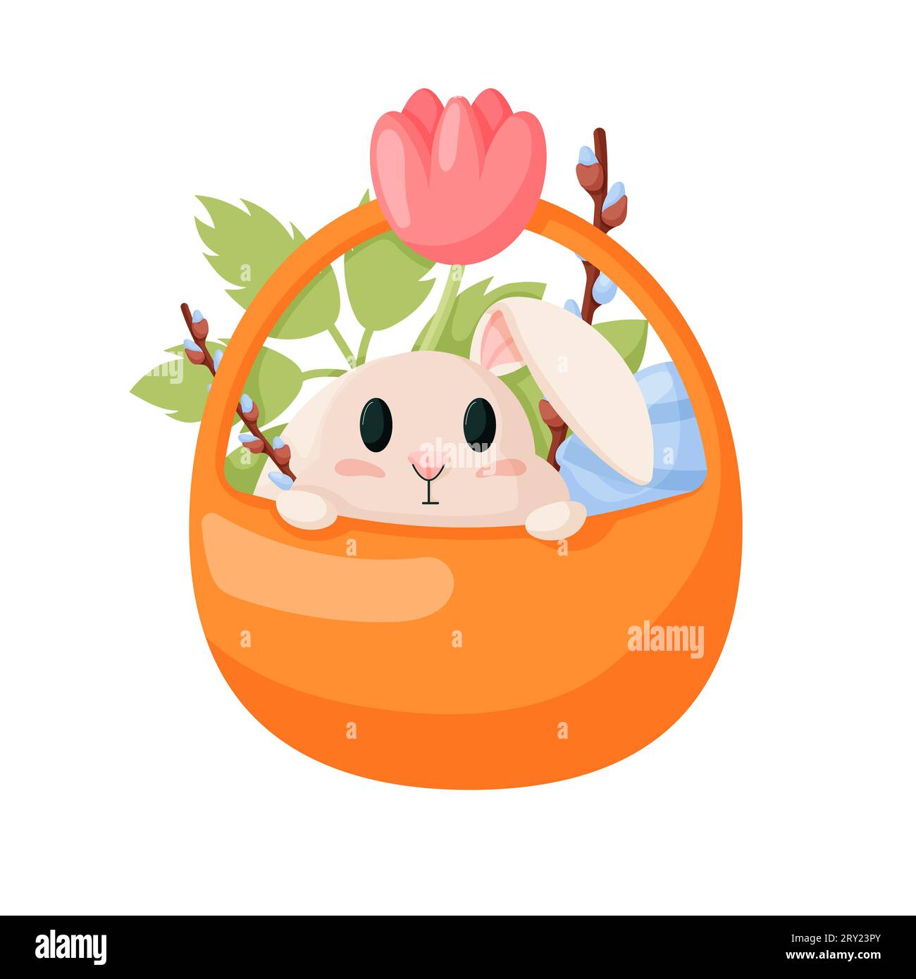 Spring Easter Bunny in a basket. Happy easter bunny with flowers and ...