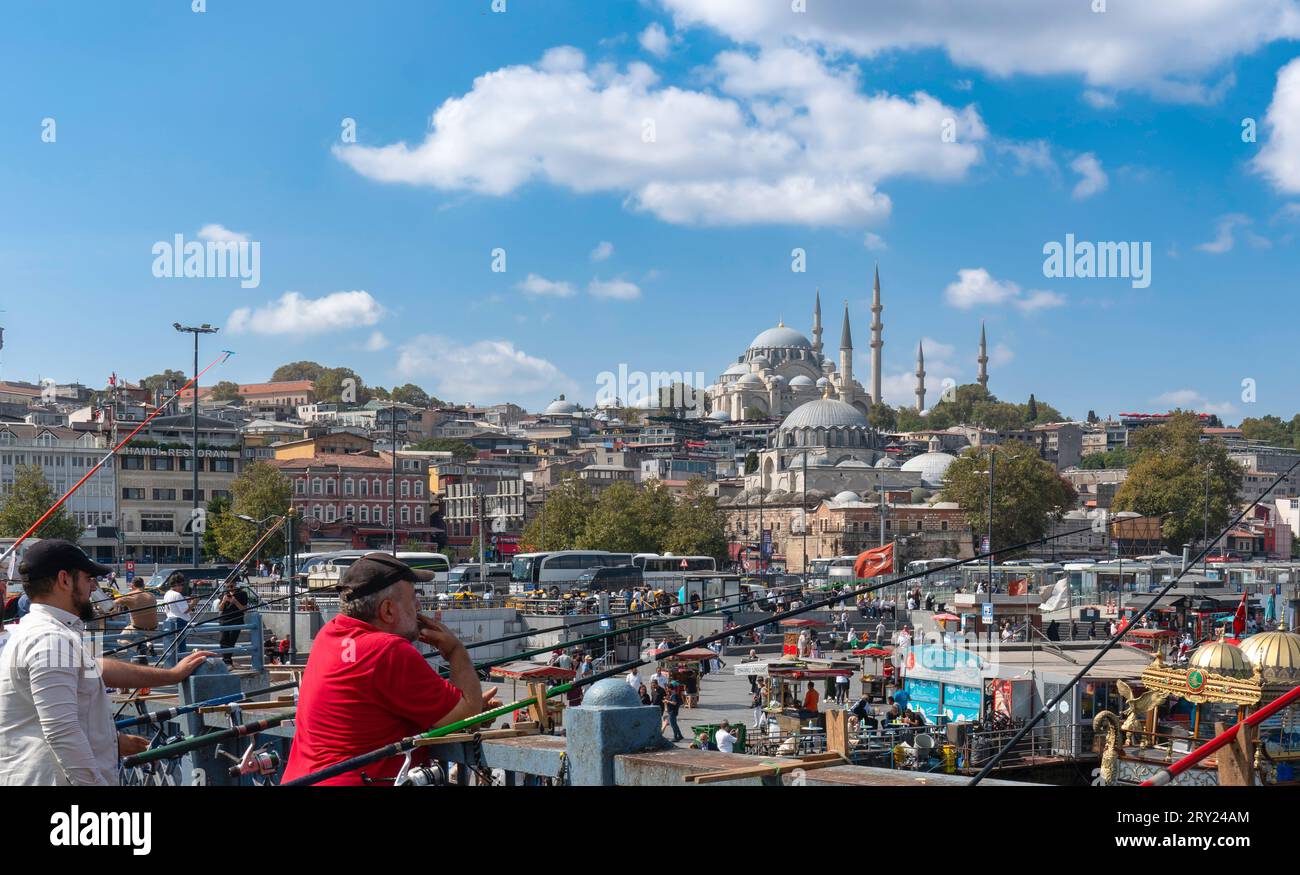 Istanbul, Turkey - September 17, 2023: People fishing on Galata Bridge ...