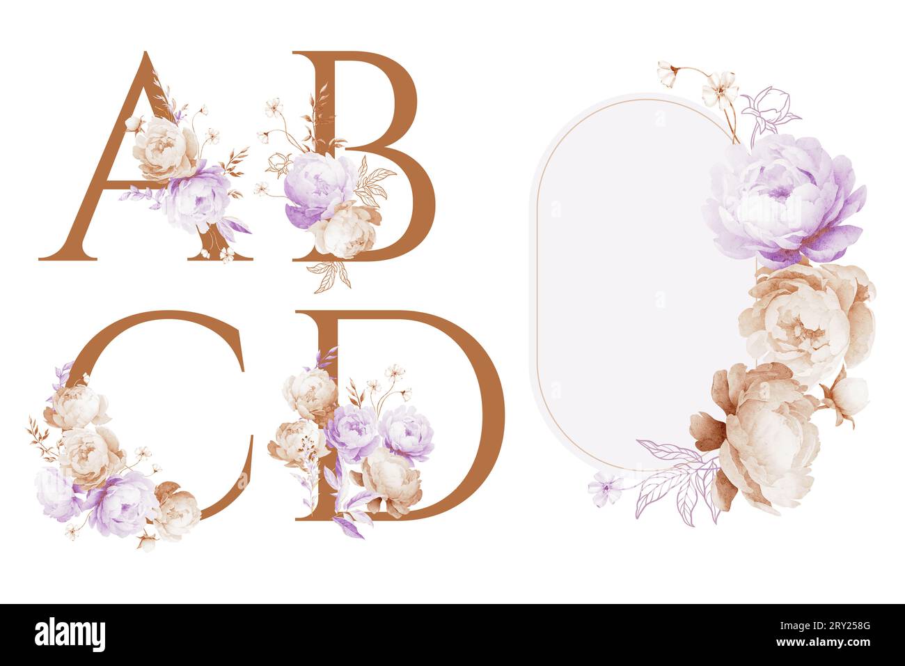 Floral Alphabet. Set letters & frame of botanical bouquet with beige ...