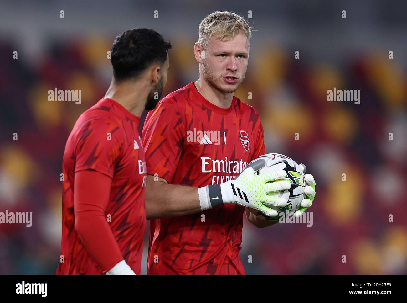 London, England, 27th September 2023. Aaron Ramsdale of Arsenal talks ...