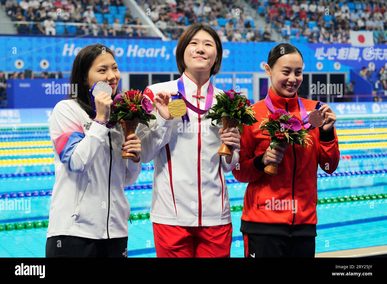 Medalists, from left to right, South Korea's Kwon Sehyun, silver, China's Ye Shiwen, gold, and ...