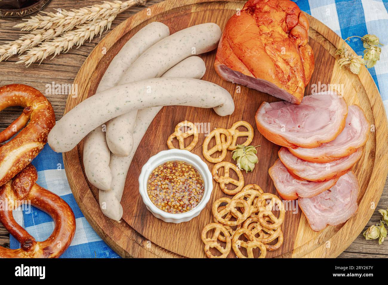 Traditional Oktoberfest set. Pretzels, beer, weisswurst and eisbein ...