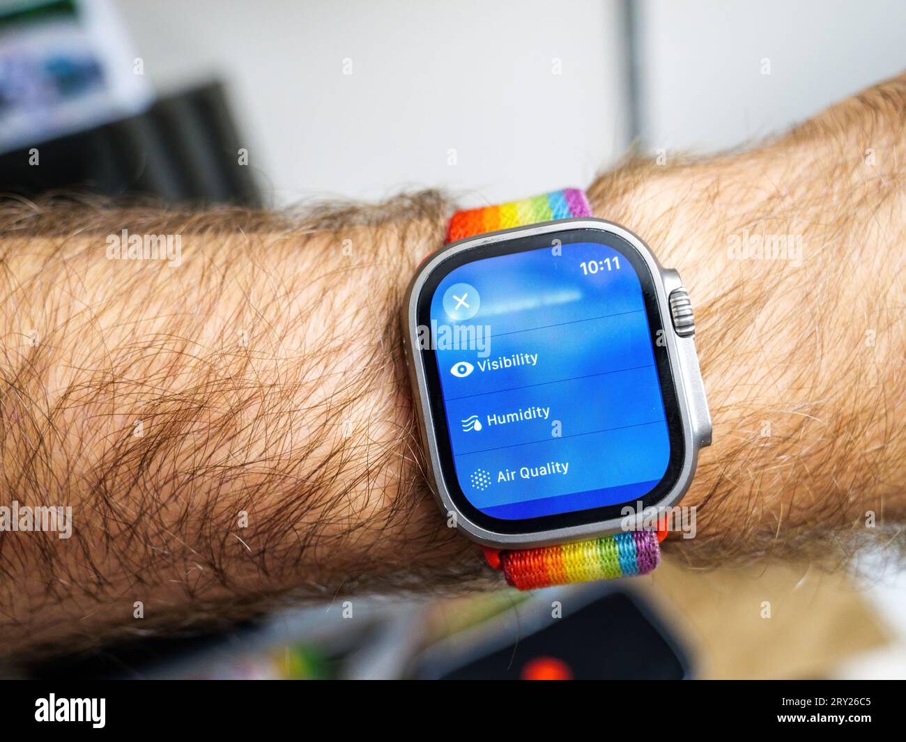 London, UK - Sep 19, 2023: Point-of-view shot of a male hand scrolling ...