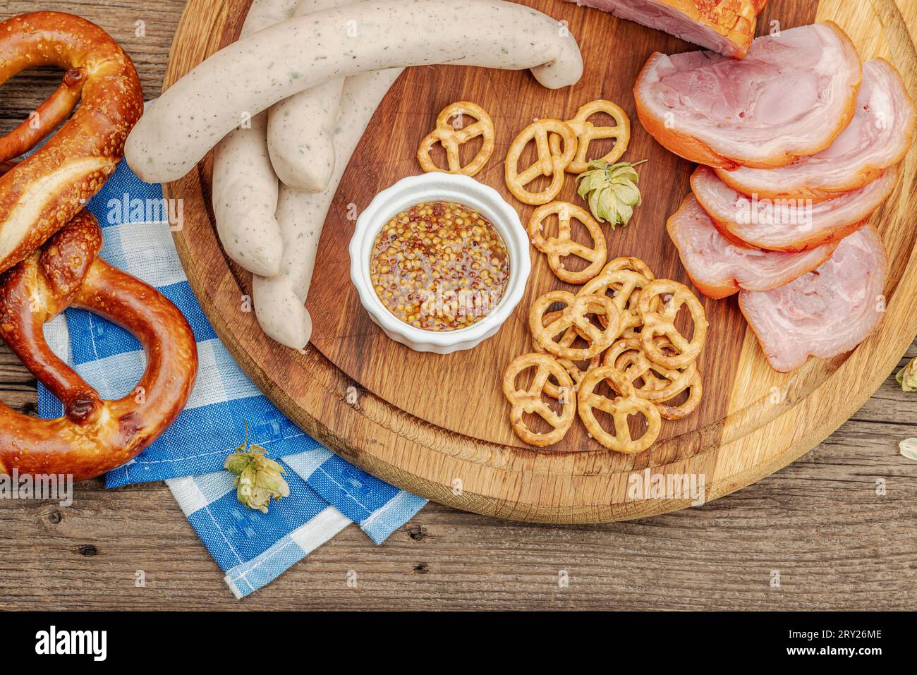 Traditional Oktoberfest set. Pretzels, beer, weisswurst and eisbein ...