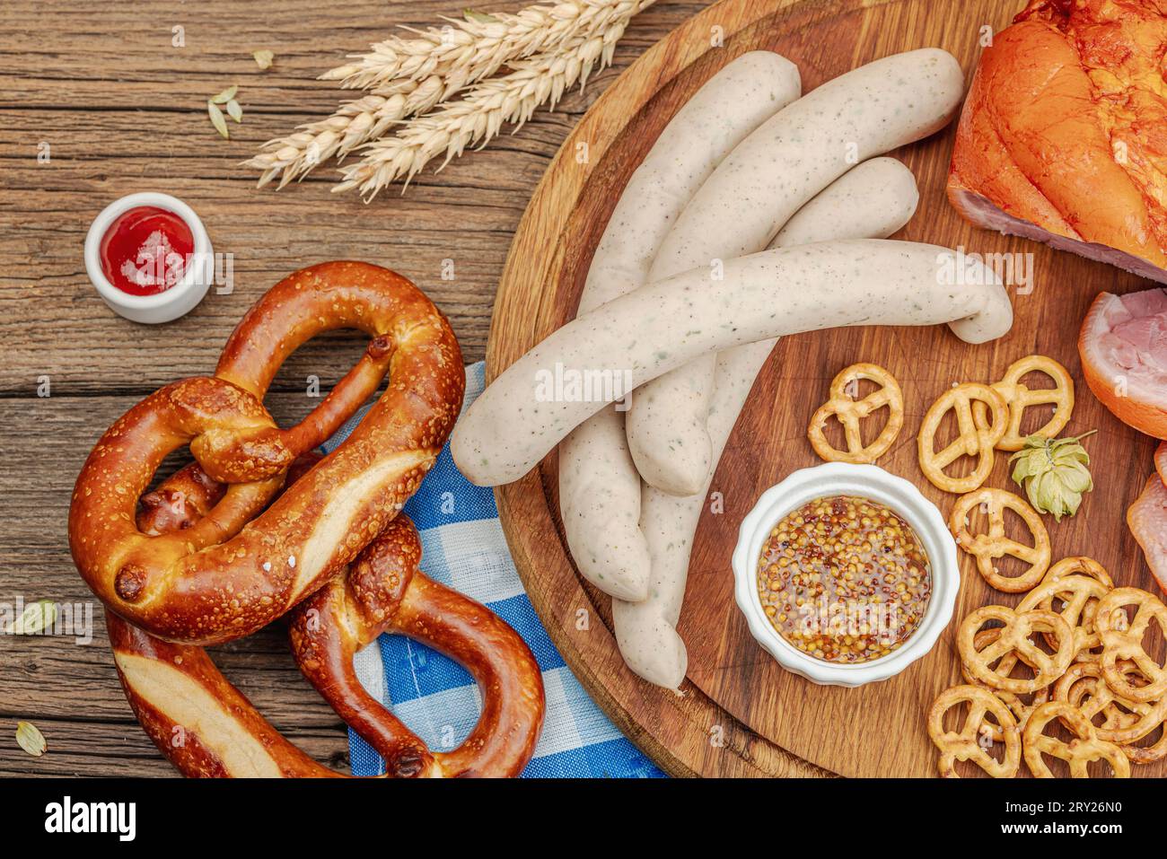 Traditional Oktoberfest set. Pretzels, beer, weisswurst and eisbein ...