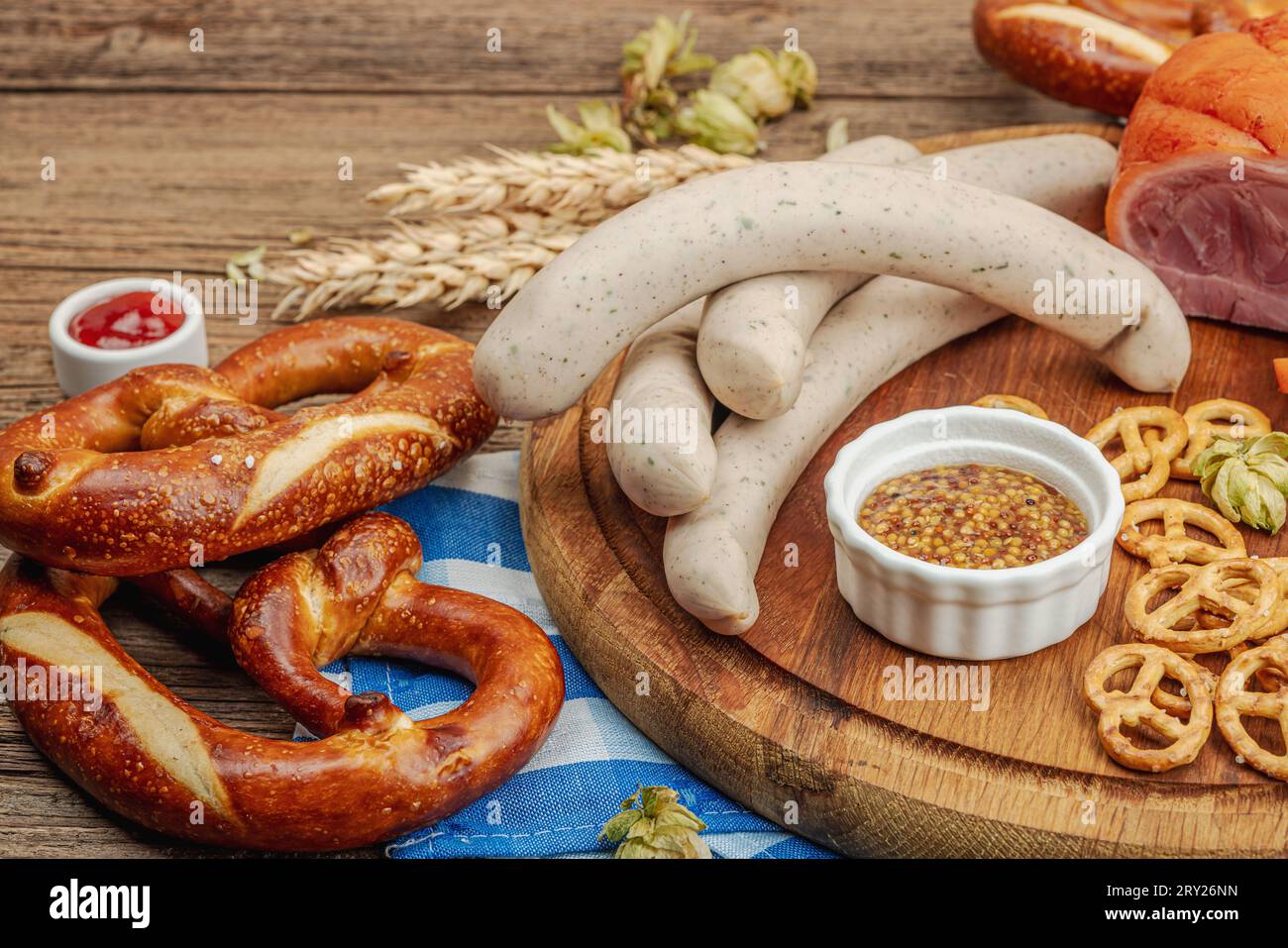 Traditional Oktoberfest set. Pretzels, beer, weisswurst and eisbein ...