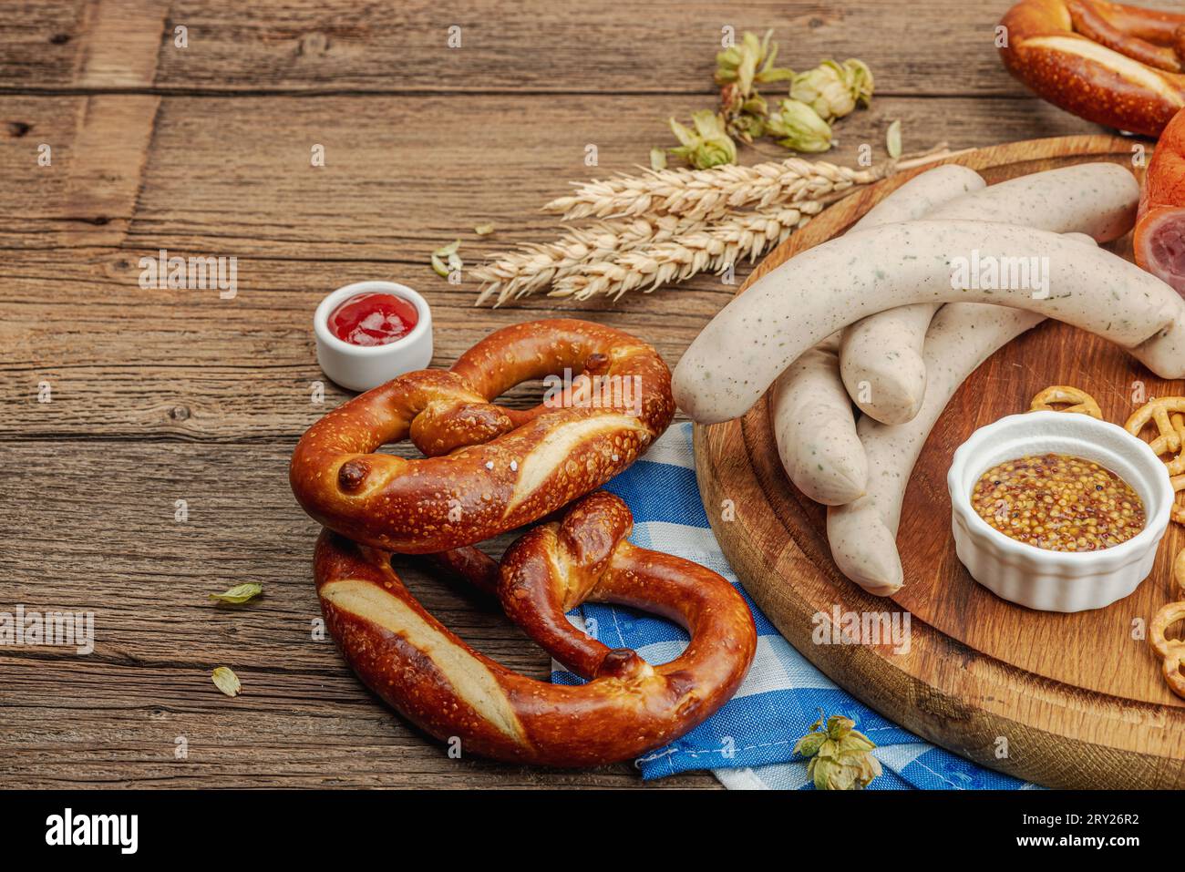 Traditional Oktoberfest set. Pretzels, beer, weisswurst and eisbein ...