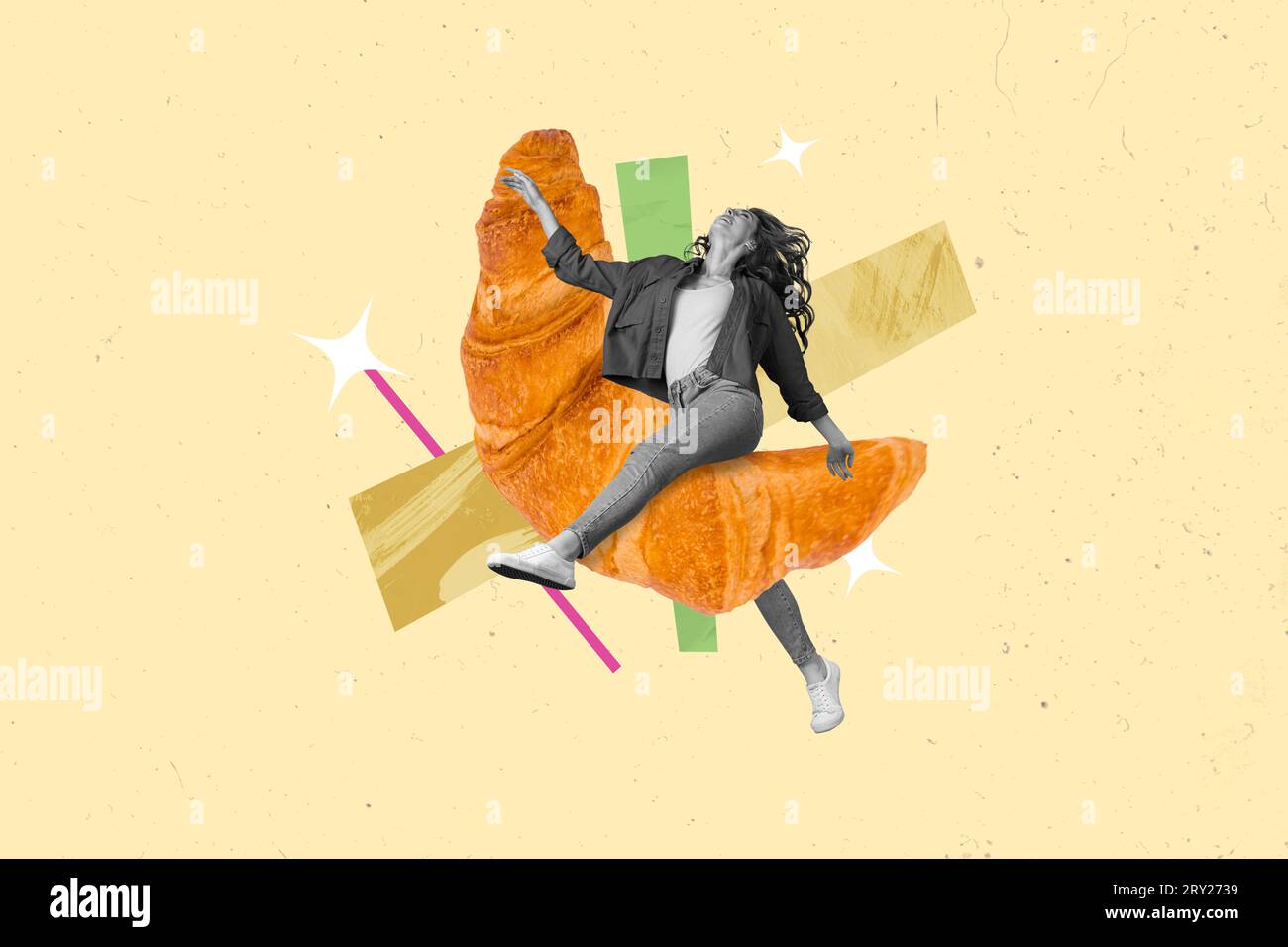 Creative collage illustration of person run young girl croissant have ...