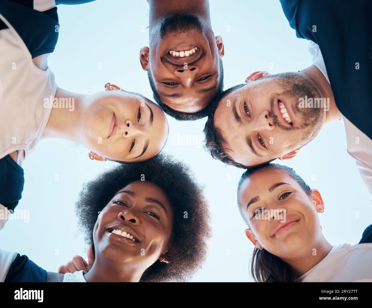 Cheerleader circle, portrait and face of happy team for sports ...