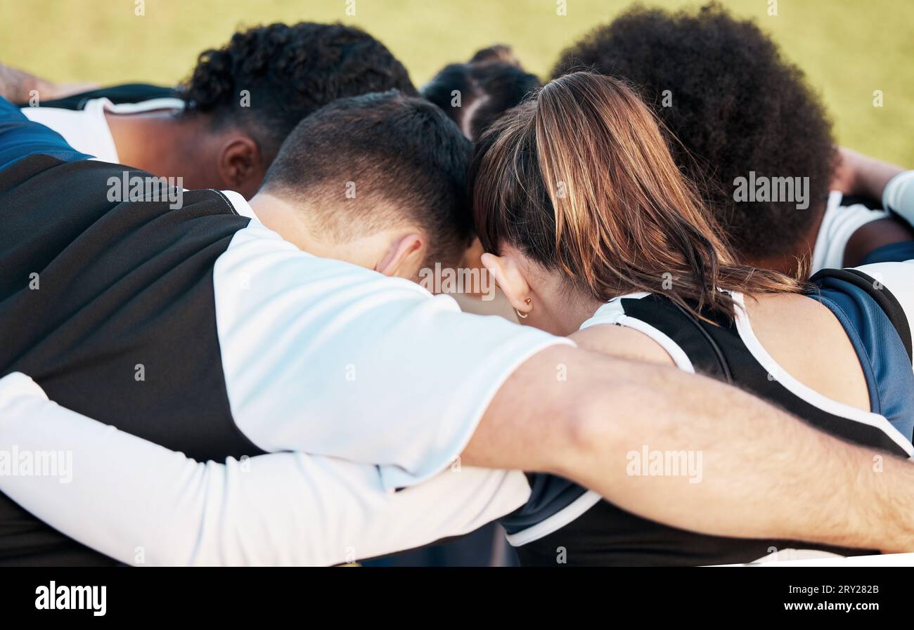 Cheerleader team, field people and huddle for sports competition support, dance strategy or ...