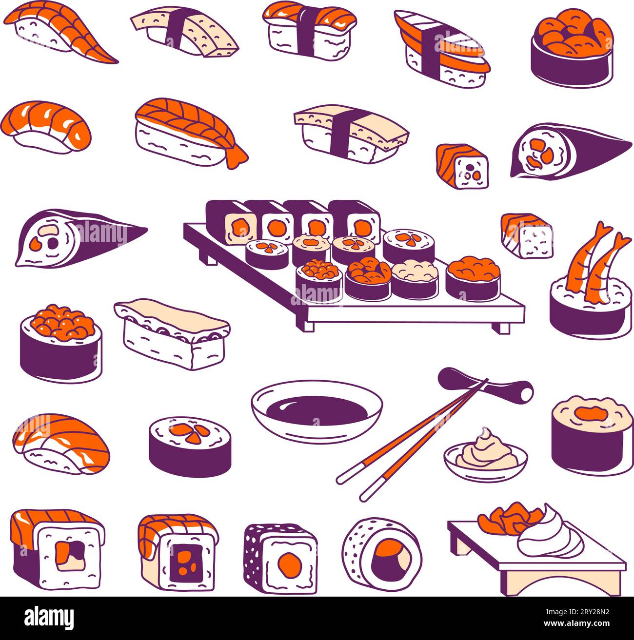 Sushi varieties and types, maki and sashimi vector Stock Vector Image ...