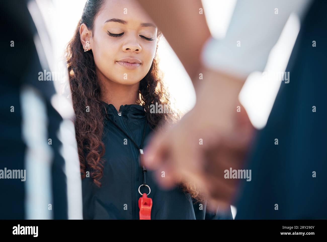 Women team, start and holding hands for sports, faith and solidarity ...