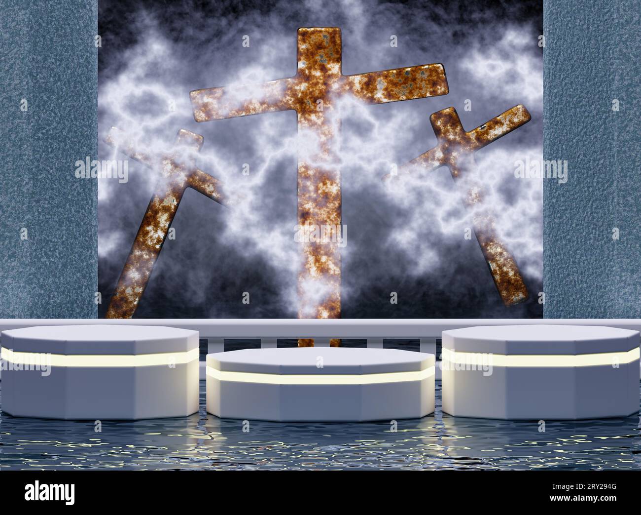 white realistic 3d cylinder pedestal podium with cross sign shadow ...