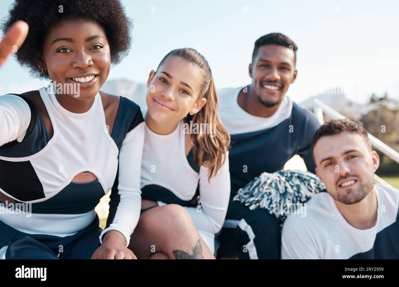 Cheerleader, sports and selfie portrait of people for performance ...