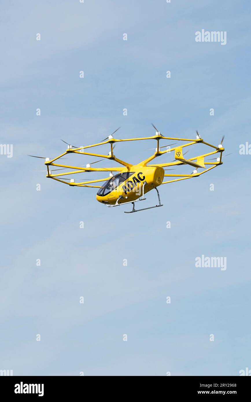 28 September 2023, Baden-Württemberg, Bruchsal: An unmanned Volocopter ...