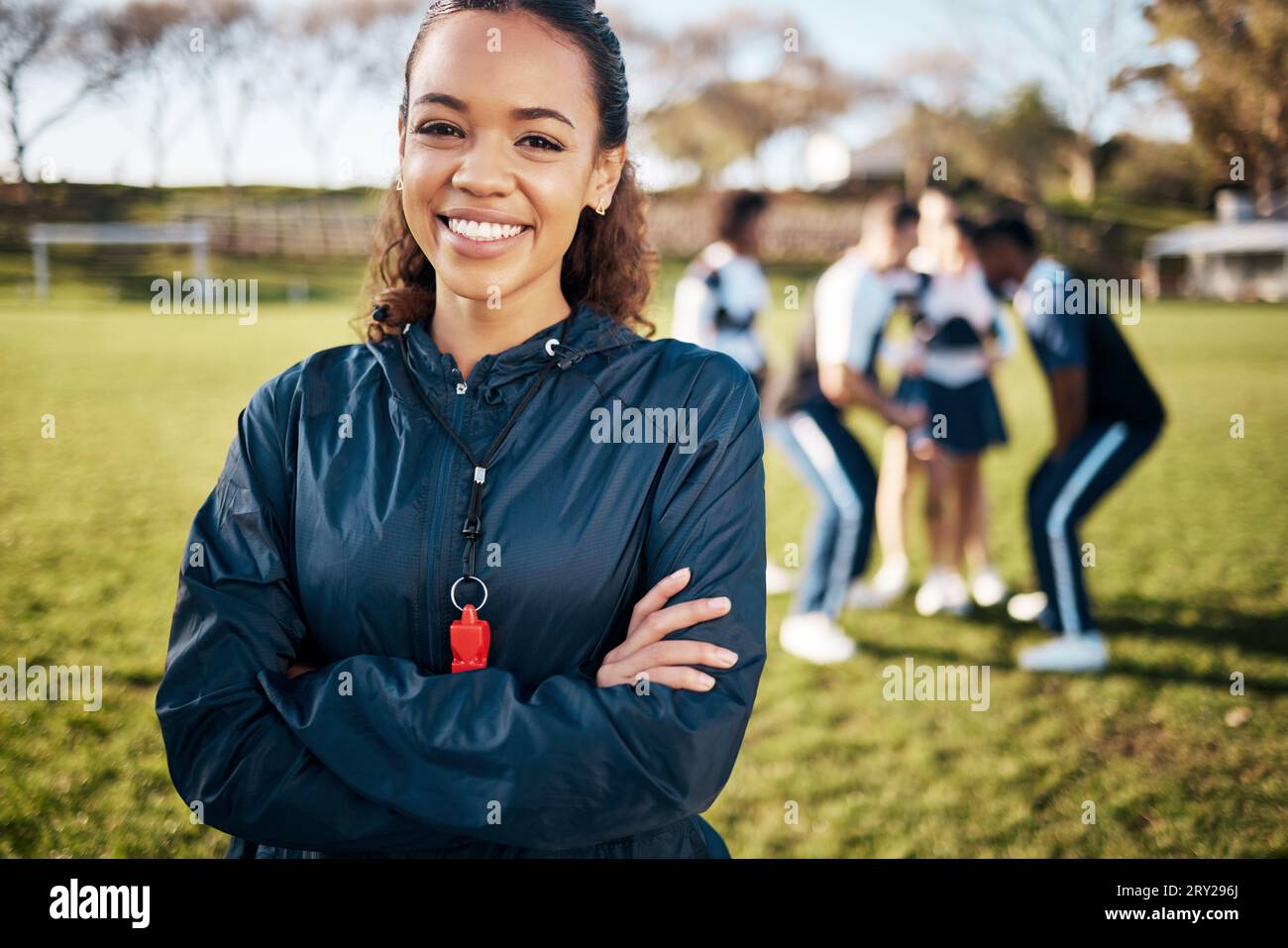 Coach, cheerleader and portrait of woman with team for sports training ...