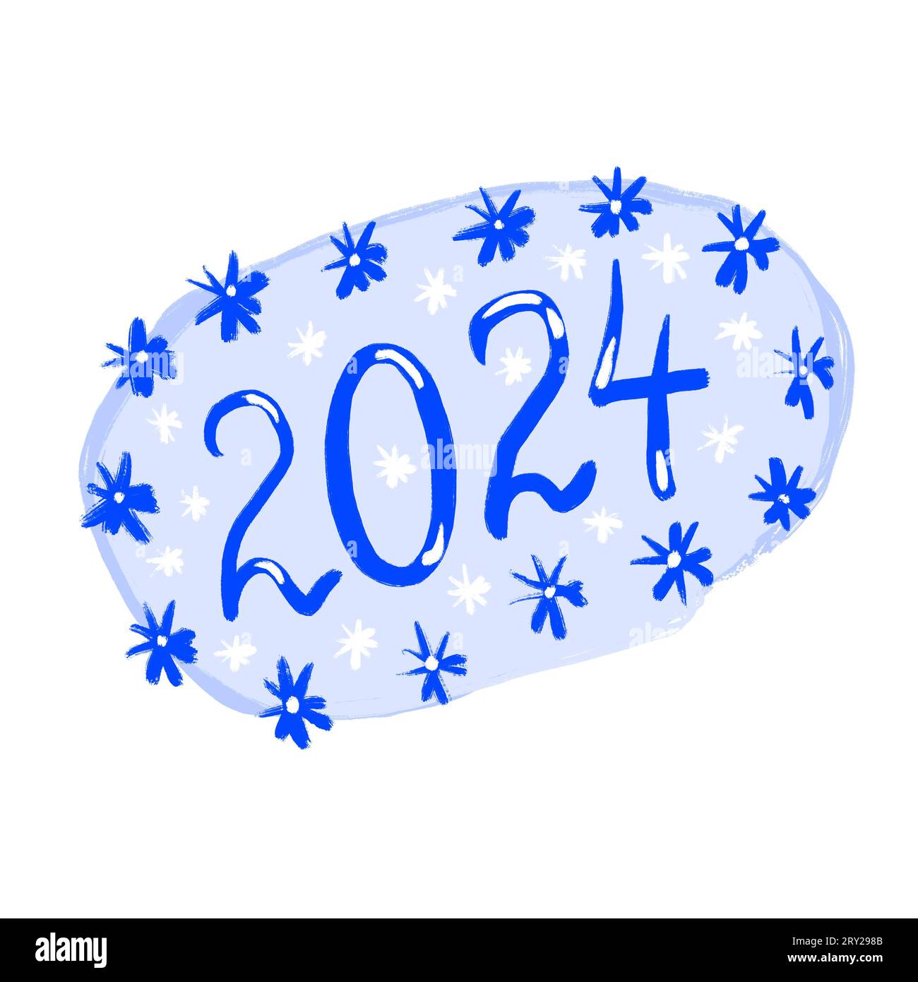 Hand drawn illustration with 2024 oval blue sticker, winter celebration ...