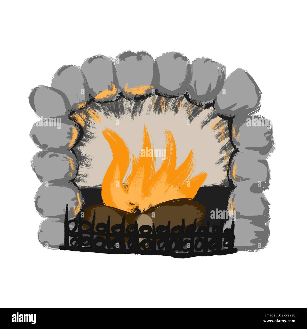 Hand drawn illsutration of grey stone fireplace with orange burning ...