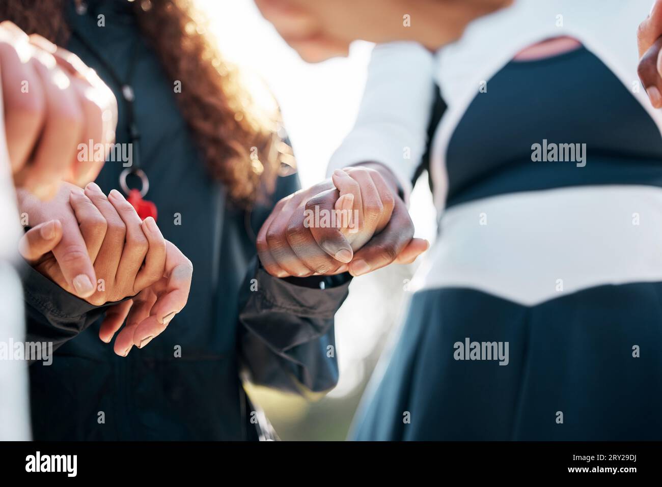 Cheerleader support, people holding hands and group prayer circle ...