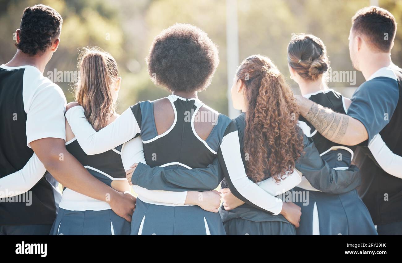 Cheerleader group, sports and people huddle for competition support ...