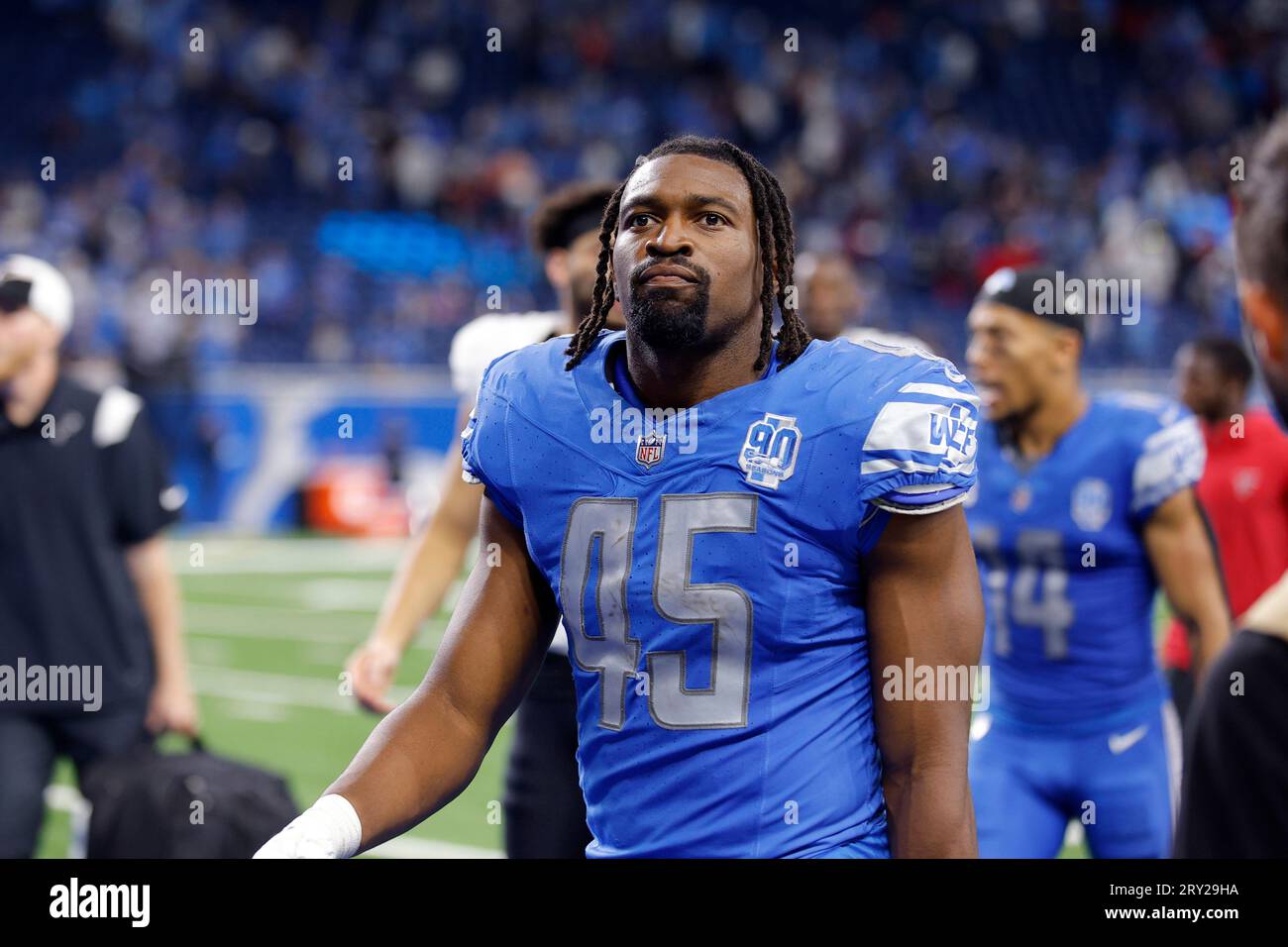 Detroit Lions fullback Jason Cabinda leaves the field following an NFL ...