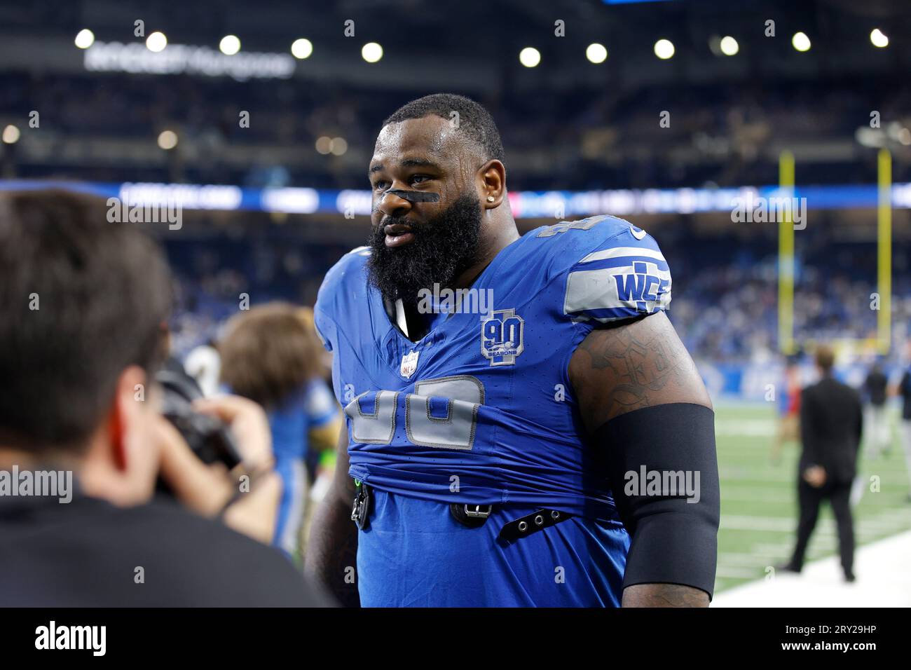 Detroit Lions defensive lineman Isaiah Buggs leaves the field following ...