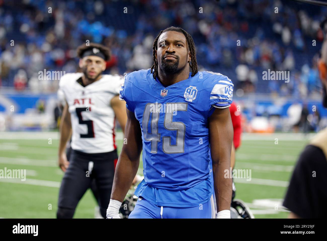 Detroit Lions fullback Jason Cabinda leaves the field following an NFL ...