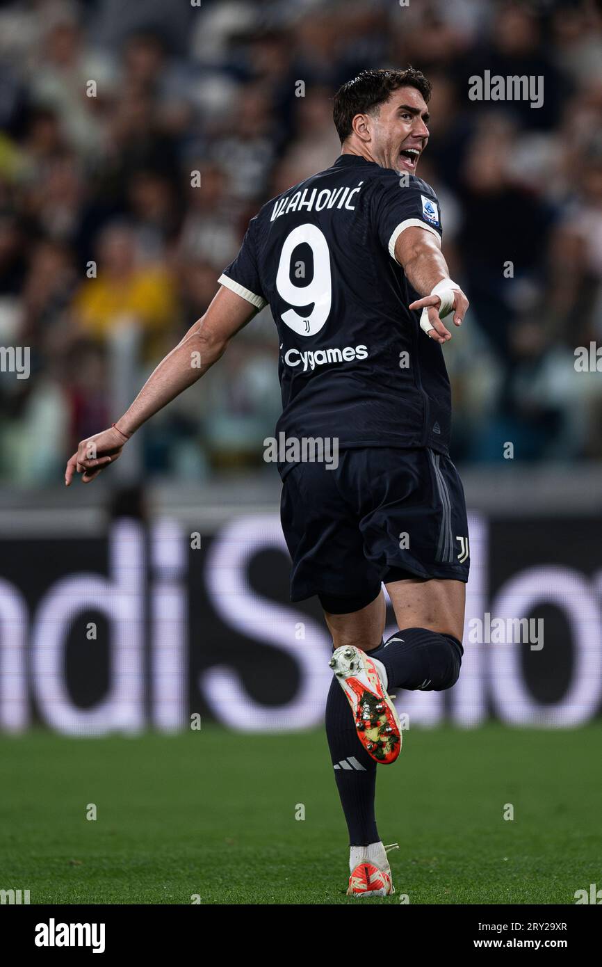 Dusan Vlahovic of Juventus FC reacts during the Serie A football match ...