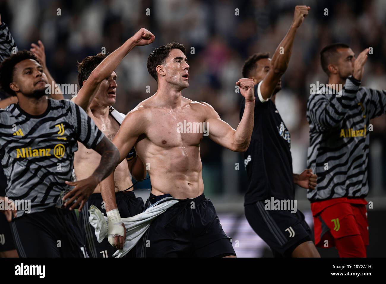Dusan Vlahovic of Juventus FC celebrates the victory at the end of the ...