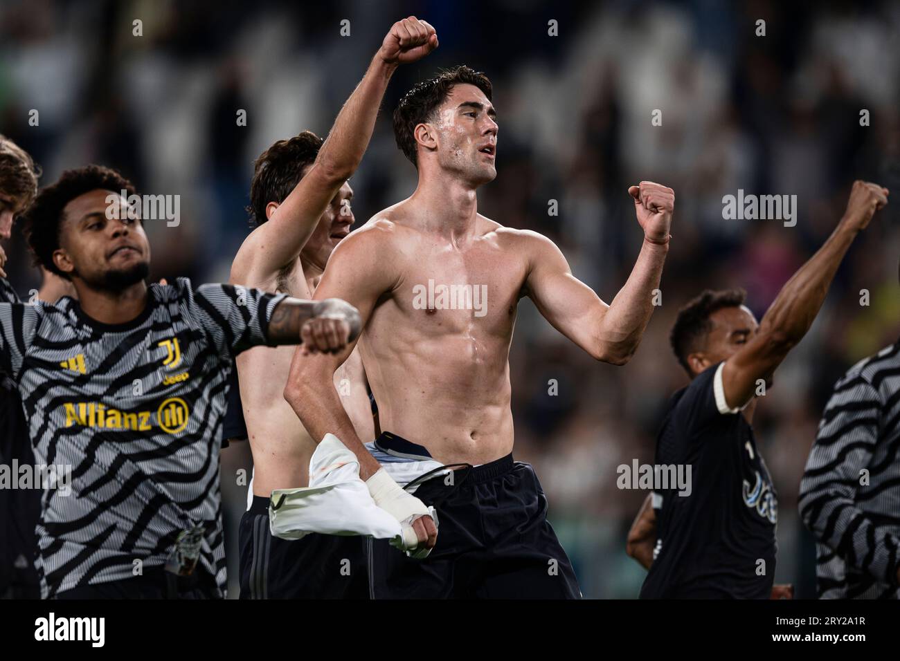 Dusan Vlahovic of Juventus FC celebrates the victory at the end of the ...