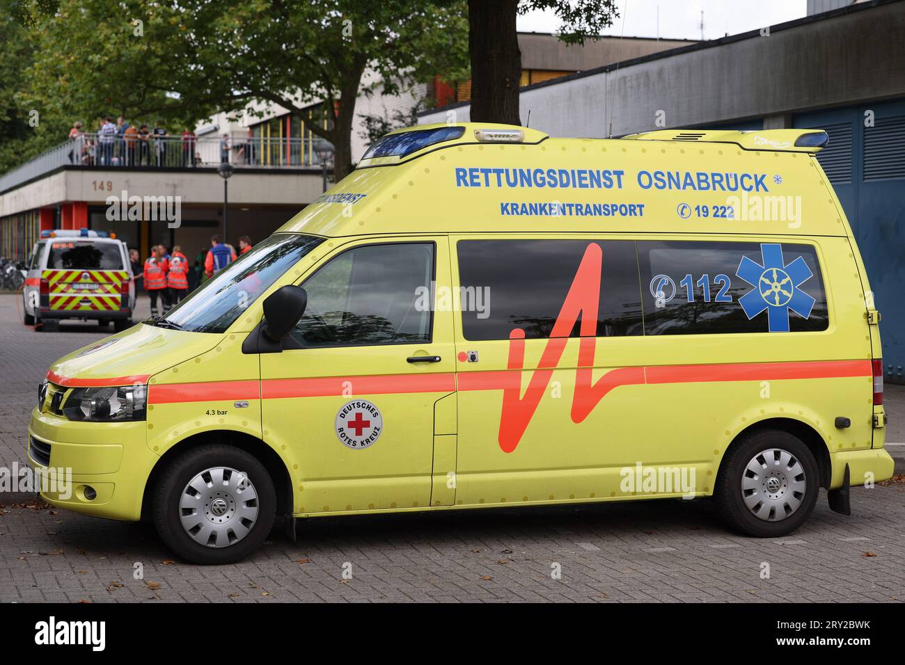 28 September 2023, Lower Saxony, Osnabrück: An emergency vehicle from ...