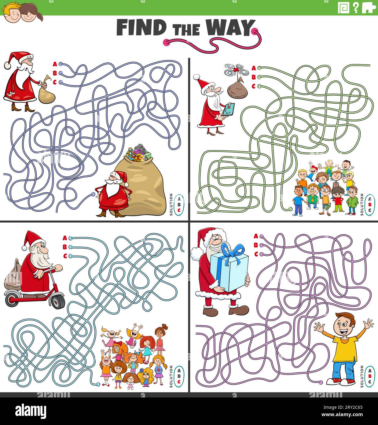 Cartoon illustration of find the way maze puzzle games set with Santa ...