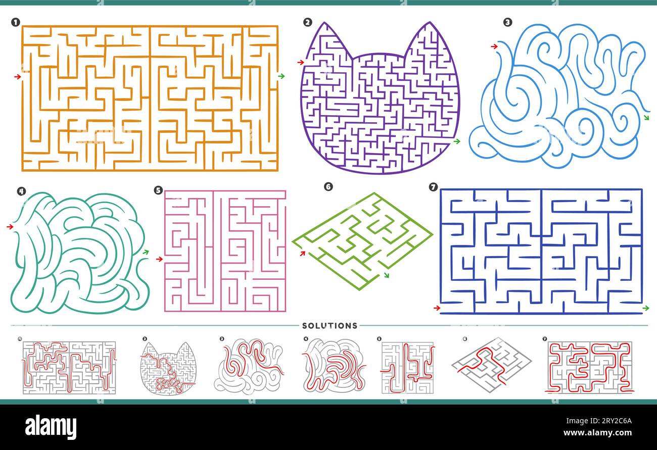 Illustration of maze puzzle activities graphs set with solutions Stock ...
