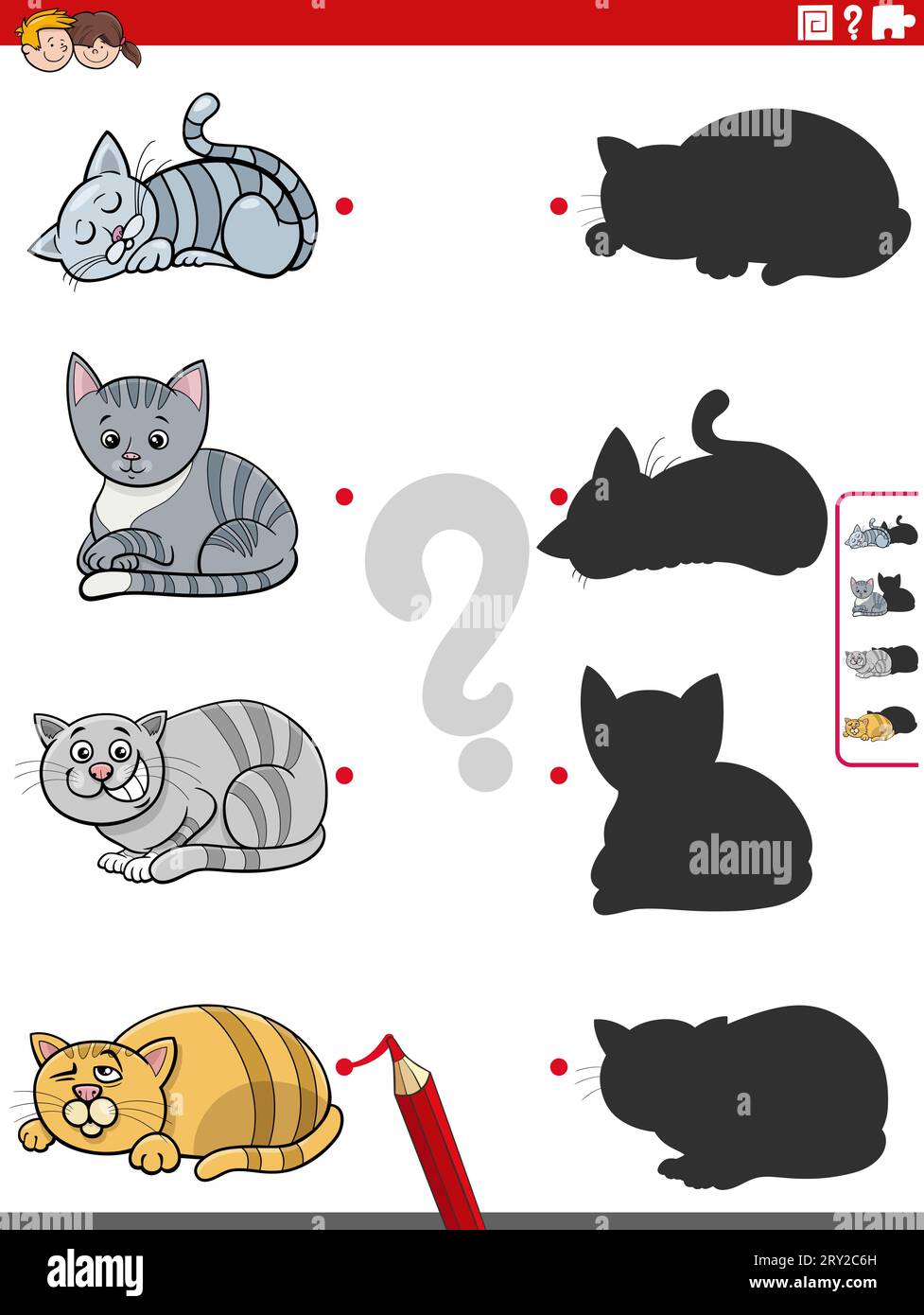 Cartoon illustration of match the right shadows with pictures educational game with funny cats ...