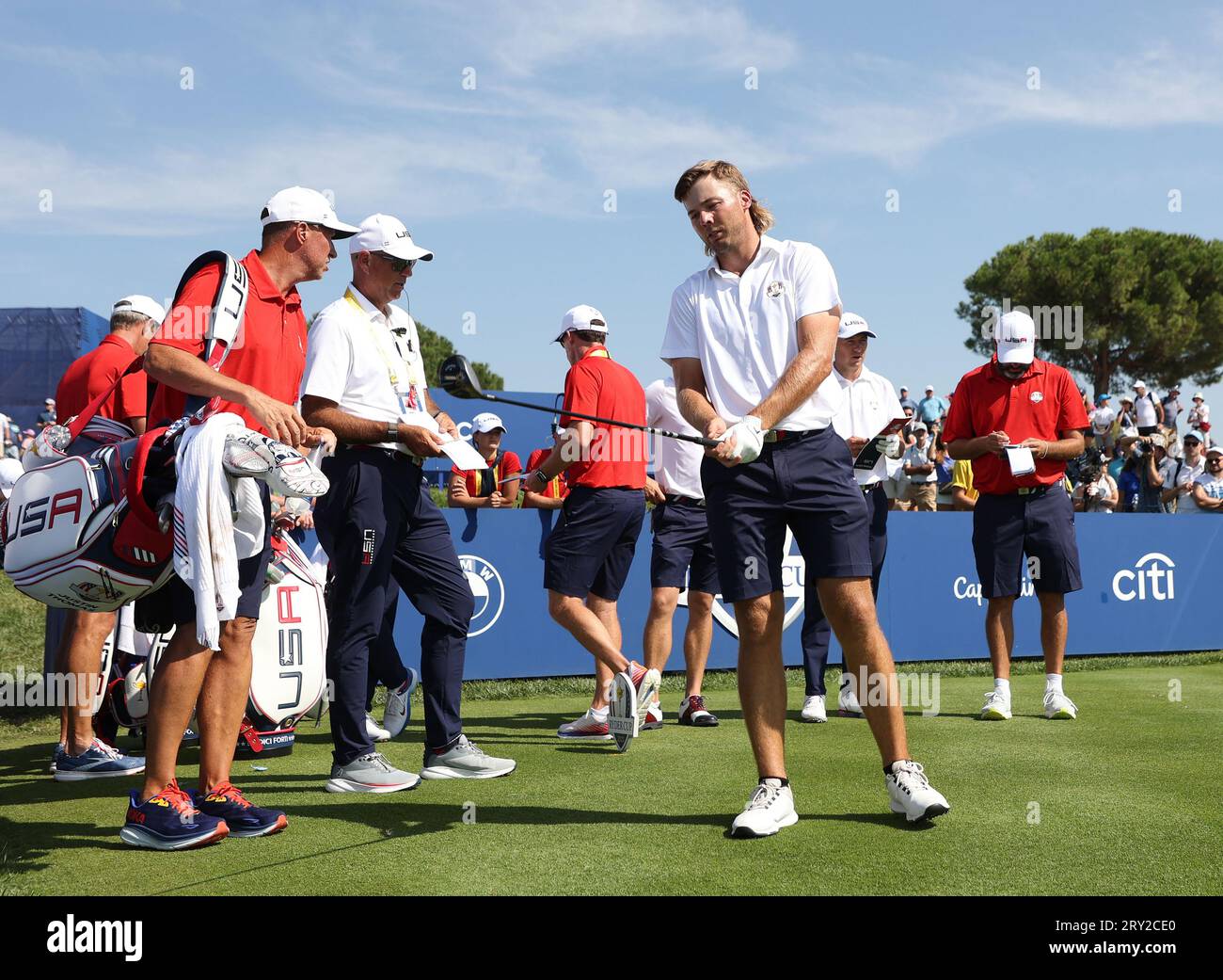 Rome, Italy. 28th Sep, 2023. USA's Sam Burns holds his driver on the ...