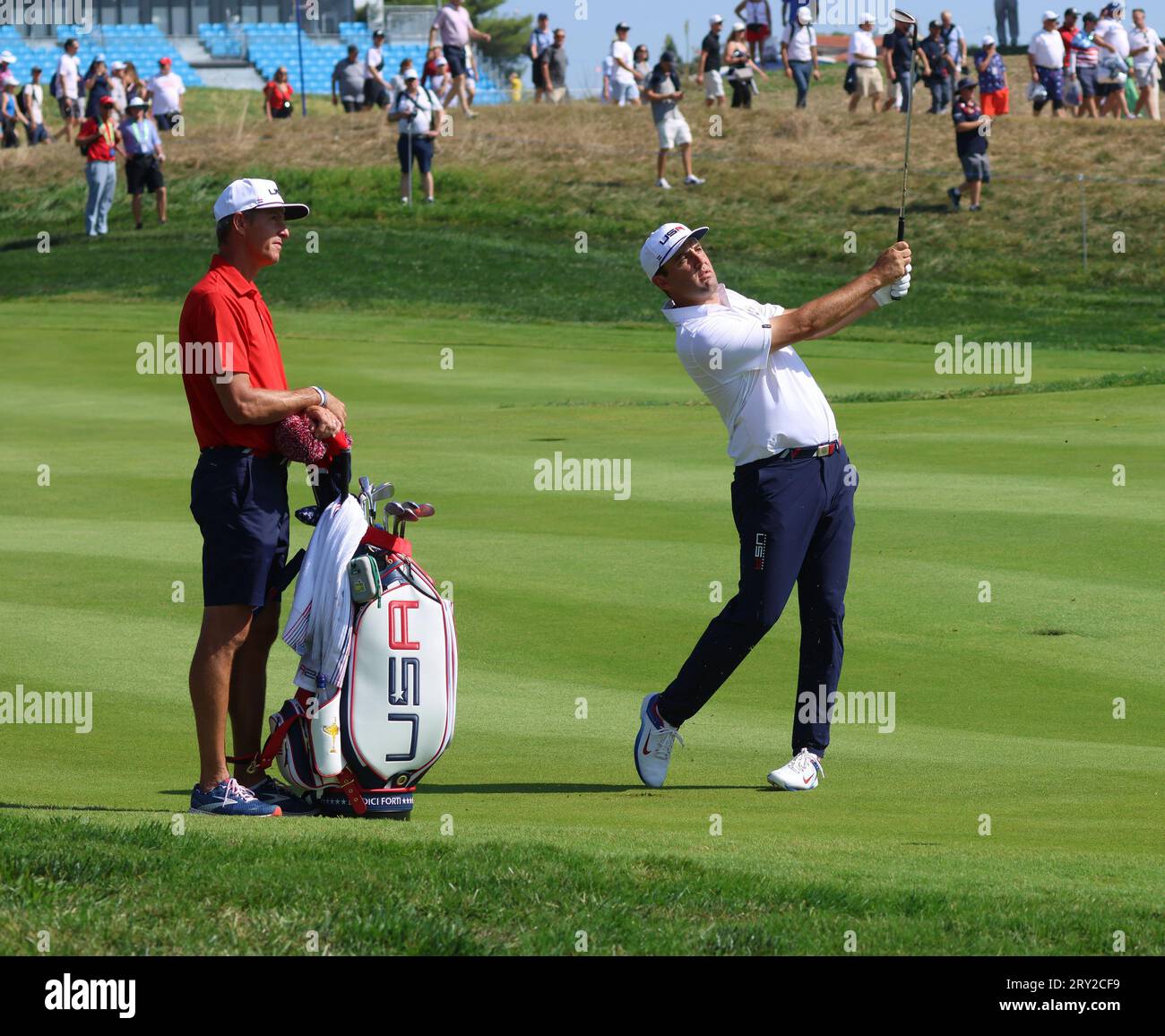Rome, Italy. 28th Sep, 2023. USA's SCottie Scheffler plays an iron on ...