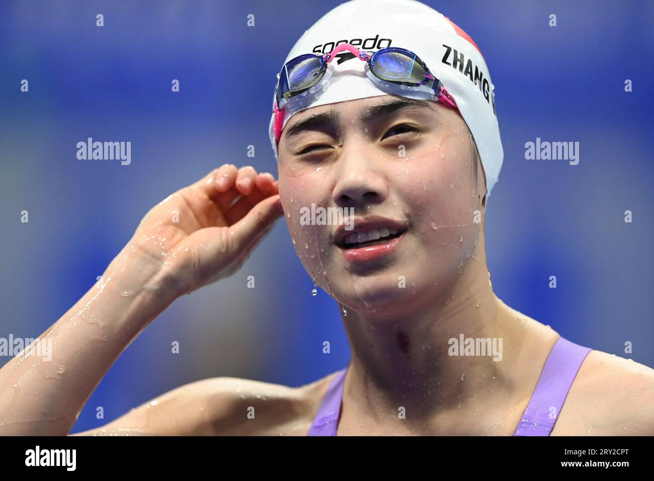 Hangzhou, China's Zhejiang Province. 28th Sep, 2023. Zhang Yufei of China reacts after the Women ...