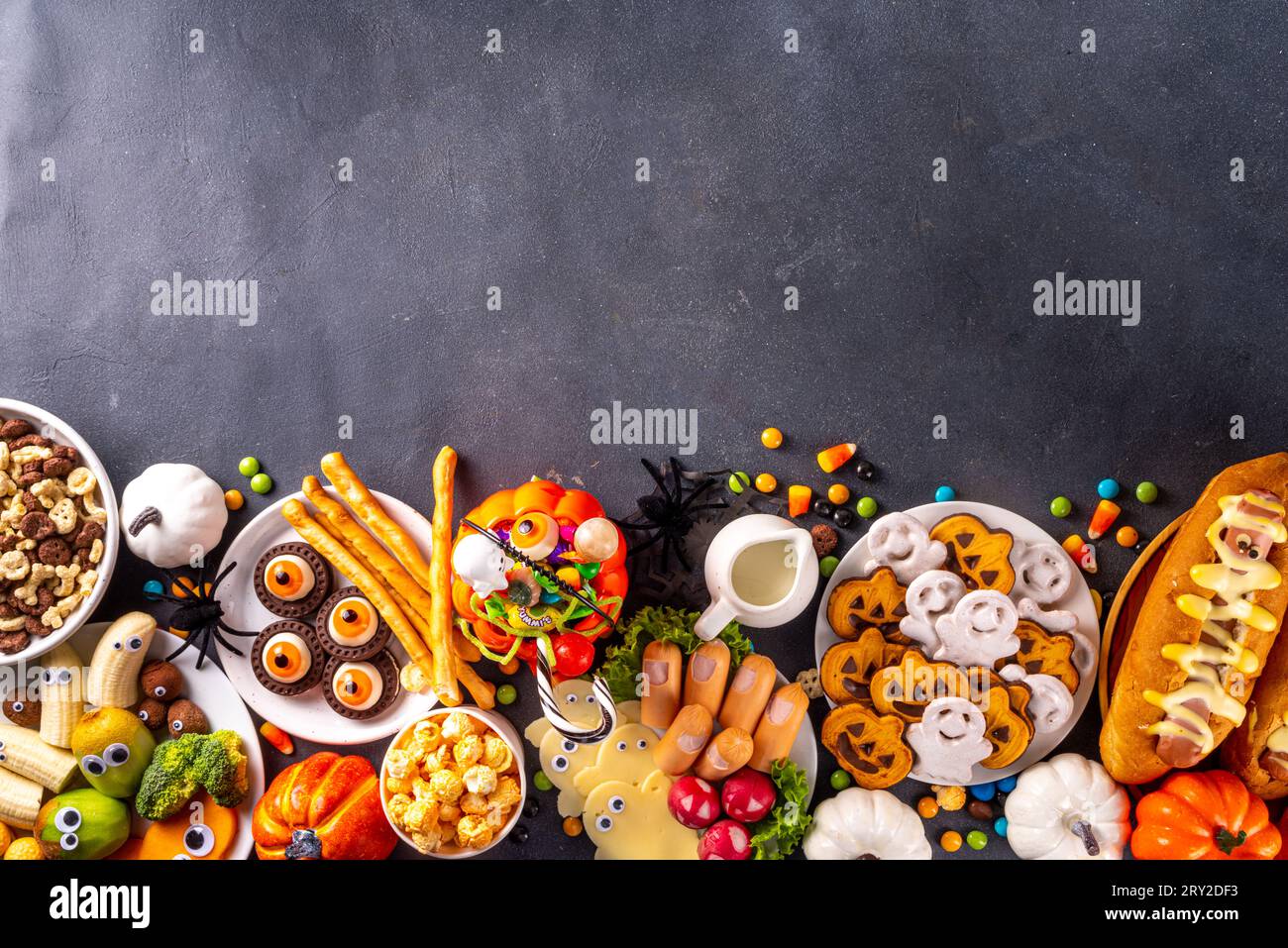 Halloween monster food and snack assortment. Set of funny creative food ...