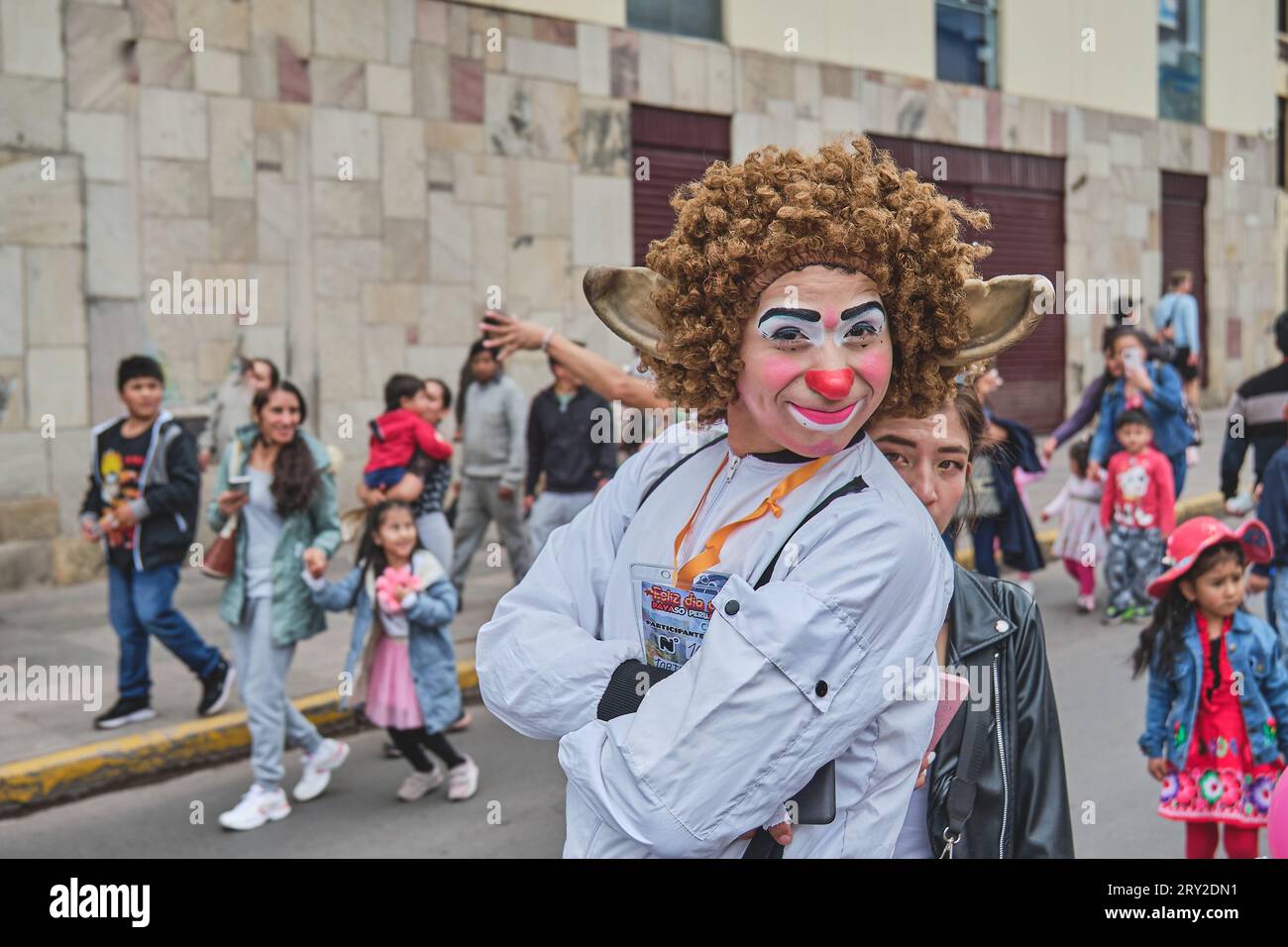 Cusco, Peru, 2023. Clowns meet. Portrait of a smiling person at the ...