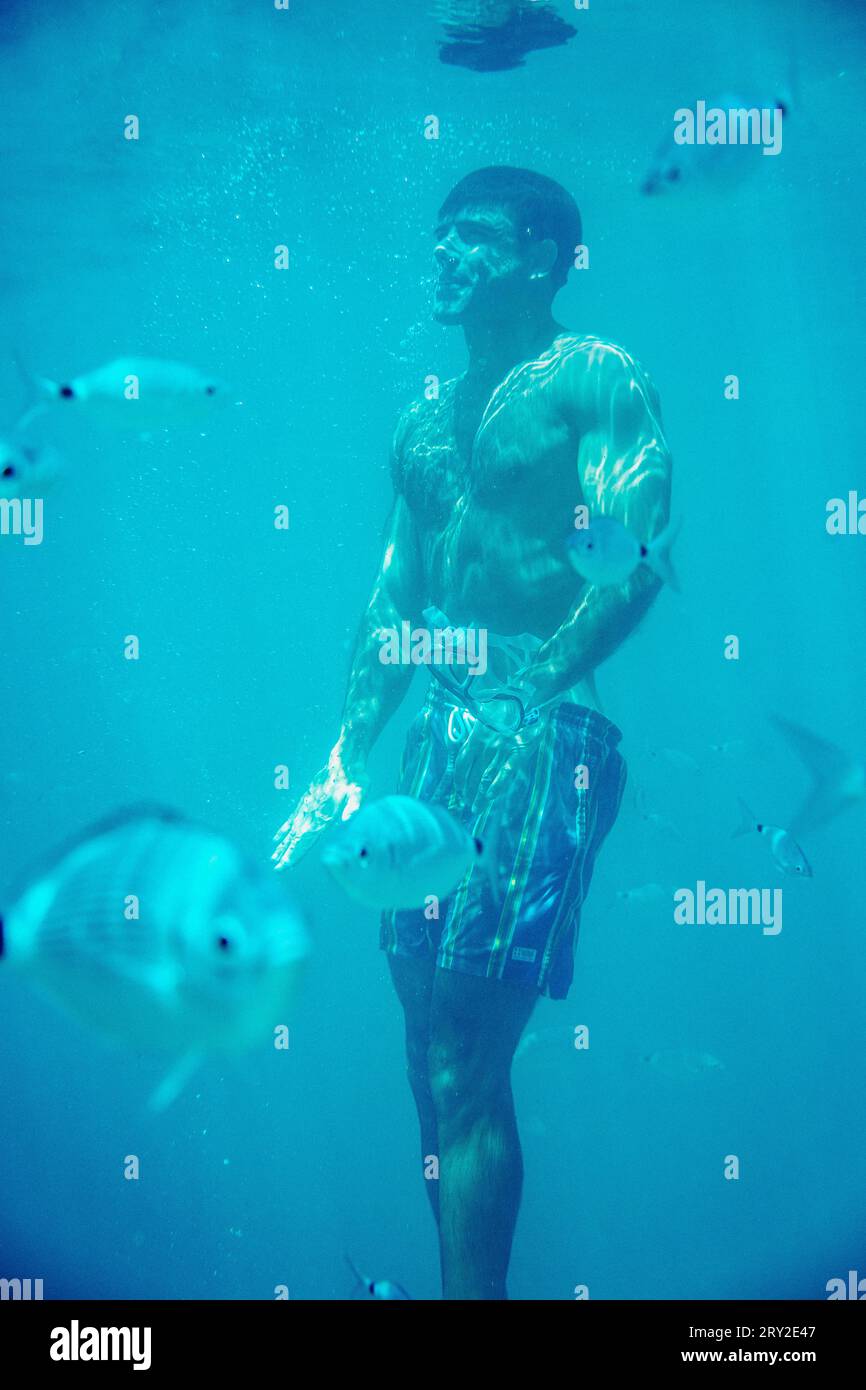 Man free diving swimming in clean blue Sea and watching exotic fish in ...