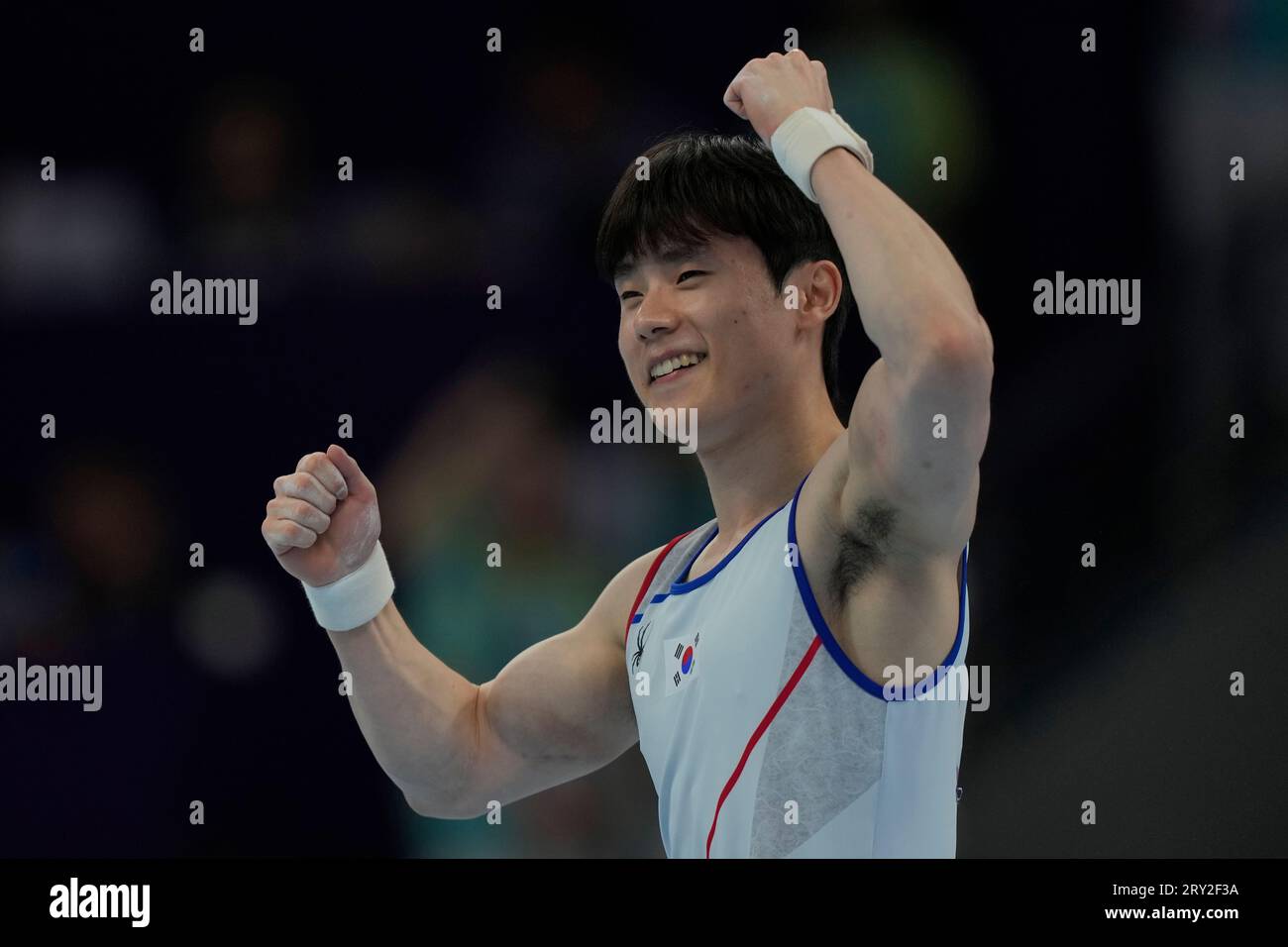 South Korea's Kim Hansol celebrates after completing his routine on his ...