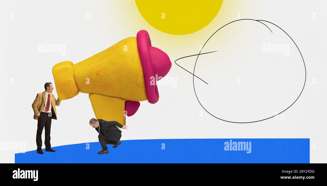 Poster. Banner. Contemporary art collage. Creative artwork. Men dressed ...