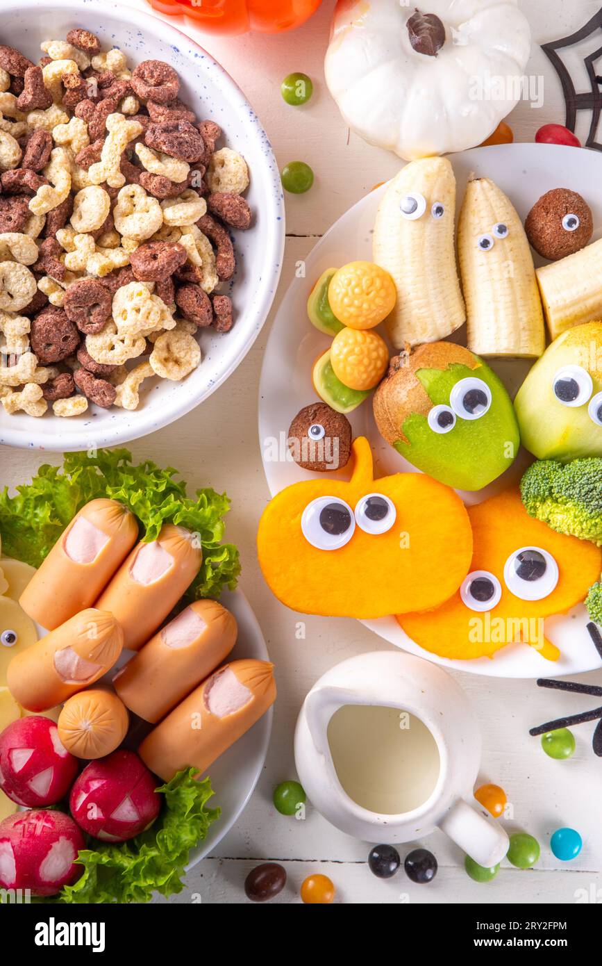 Halloween monster food and snack assortment. Set of funny creative food ...