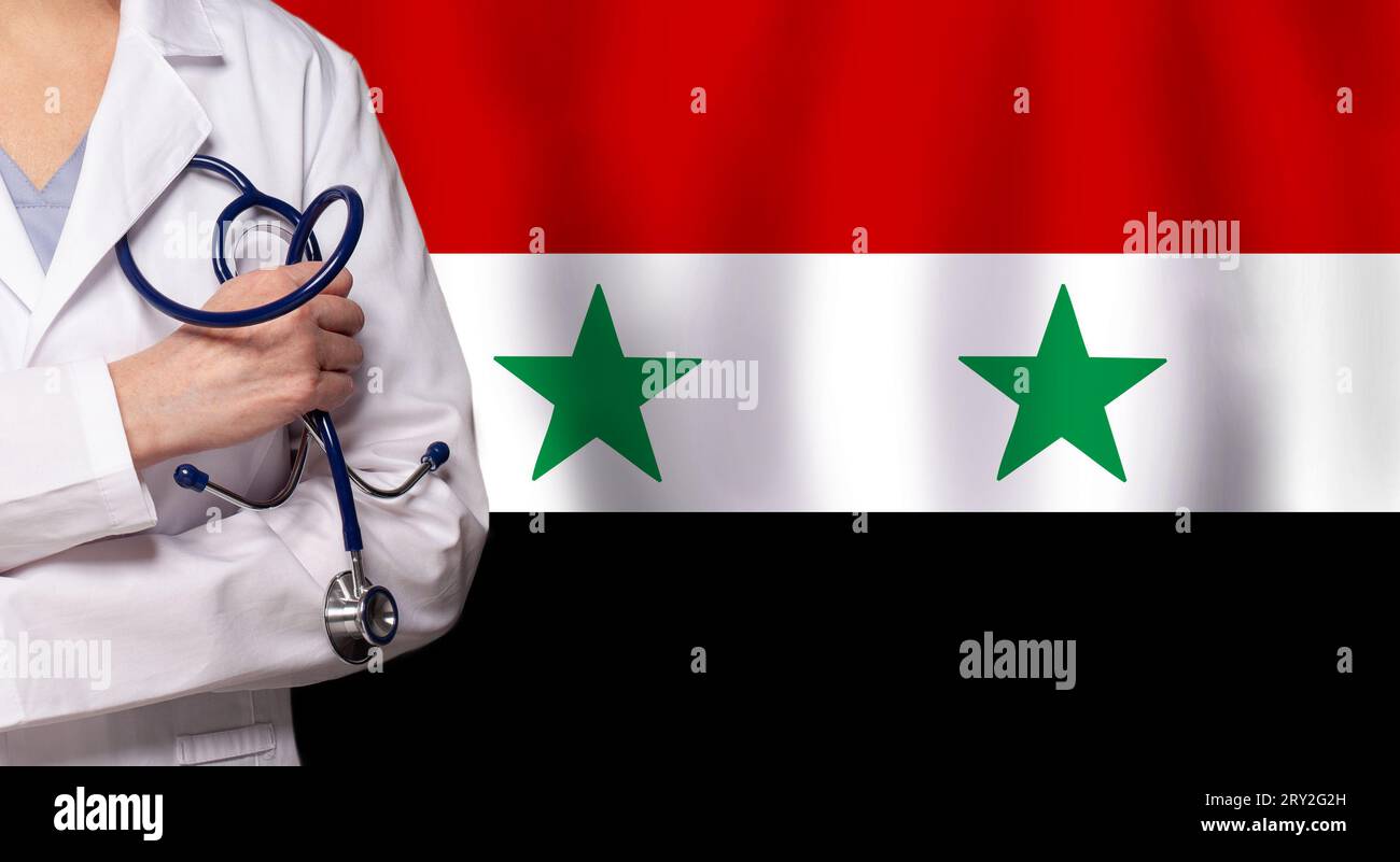 Syrian medicine and healthcare concept. Doctor close up against flag of ...