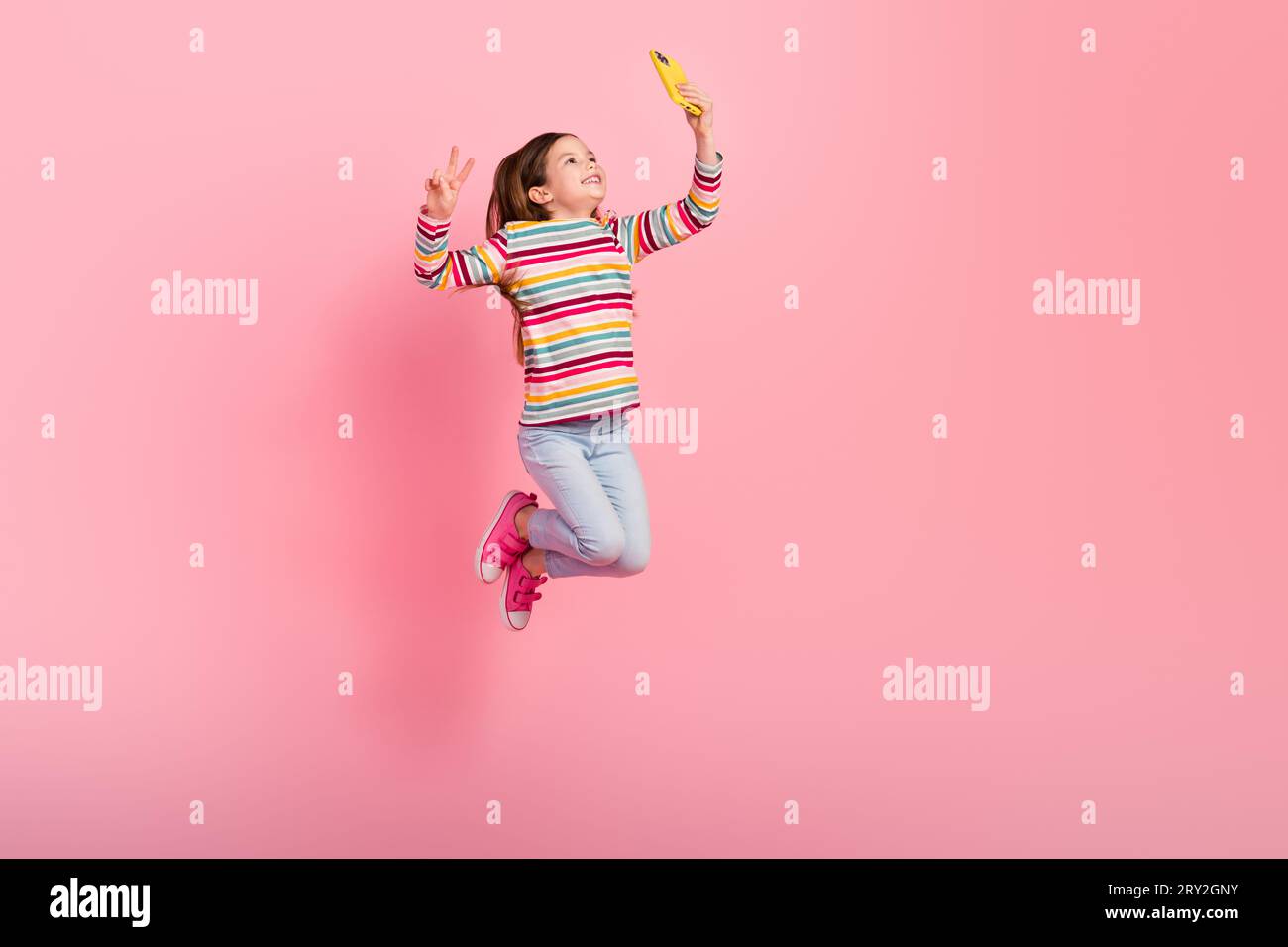 Full length body photo of jumping high positive funky girl blog star ...