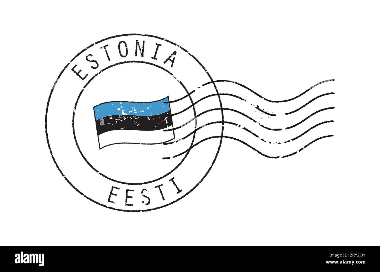 Postal grunge stamp 'Estonia'. Waved flag in the middle. English and ...