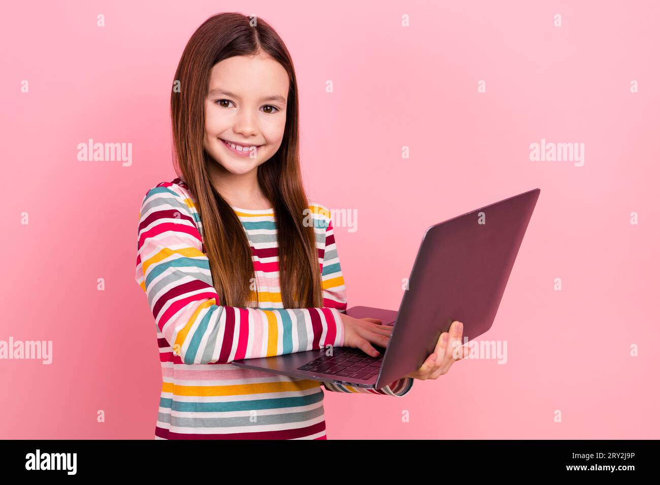 Photo of wearing shirt young kid little girl using elearning platform ...